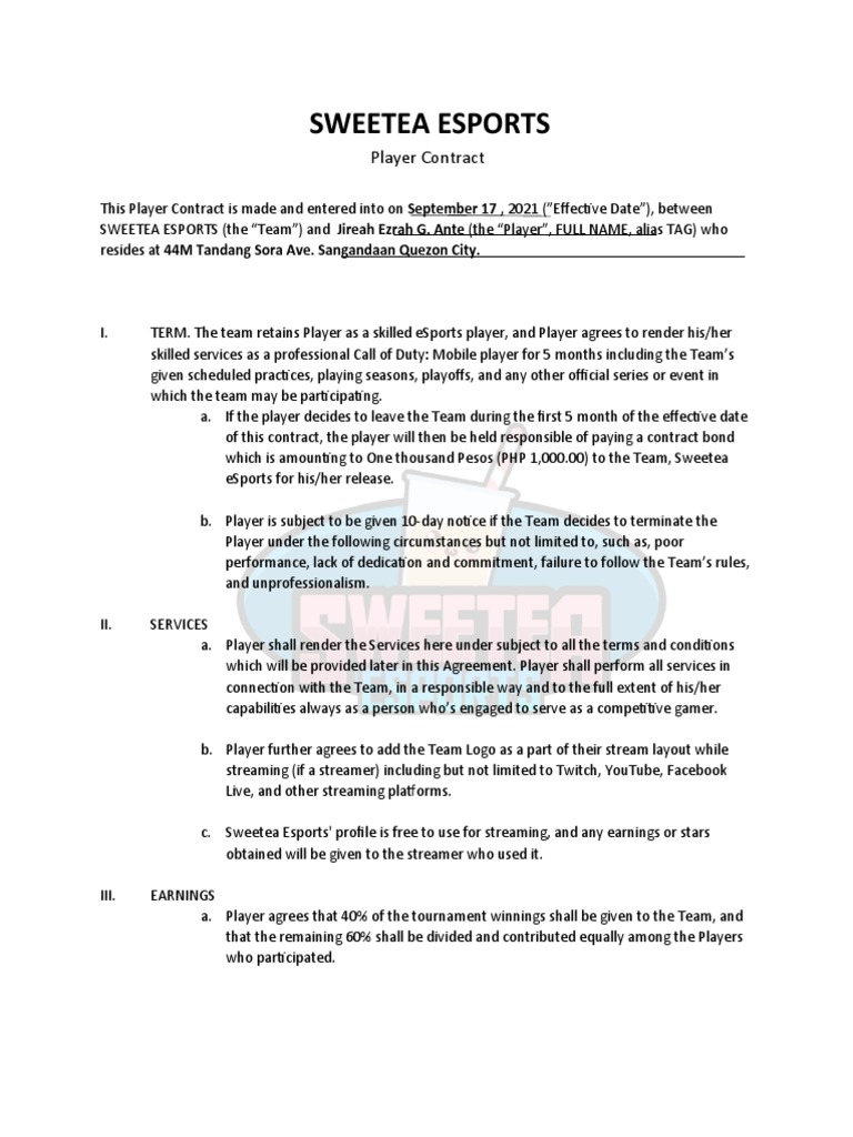 Sweetea Esports: Player Contract | PDF