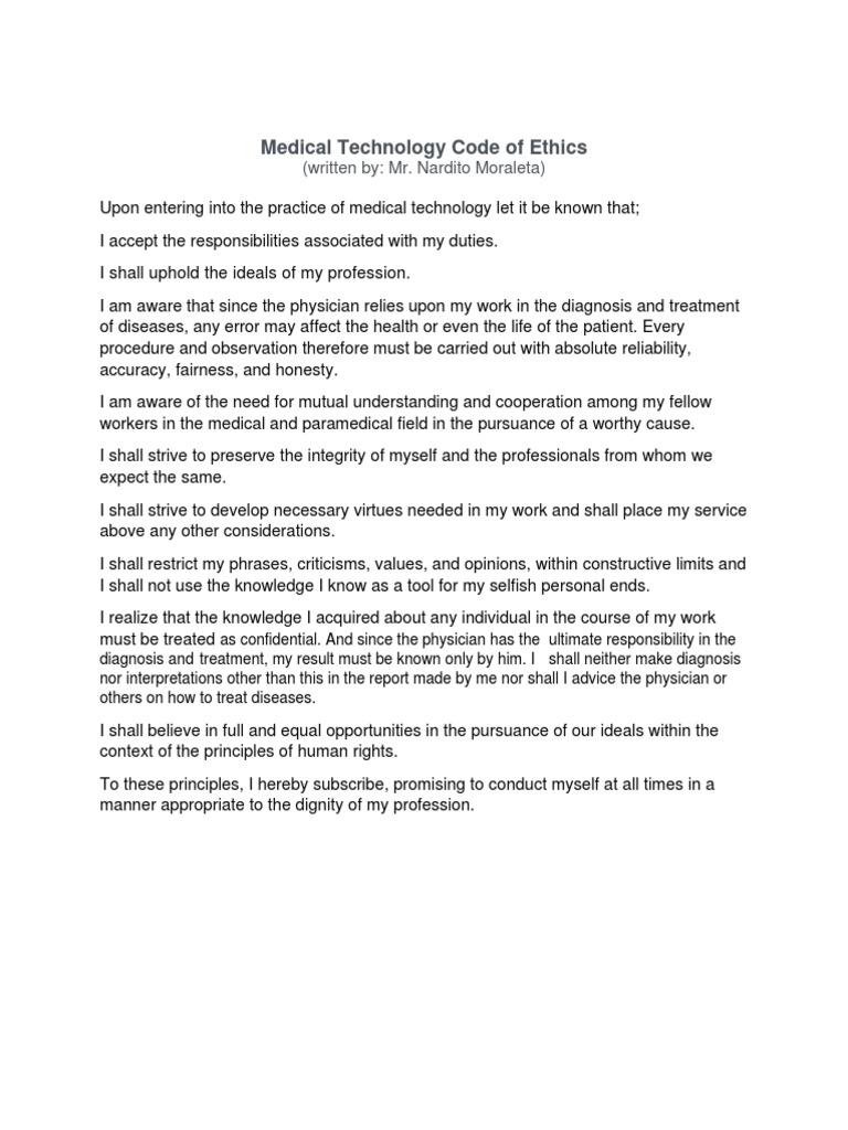 Medical Technology Code of Ethics | PDF | Self-Improvement