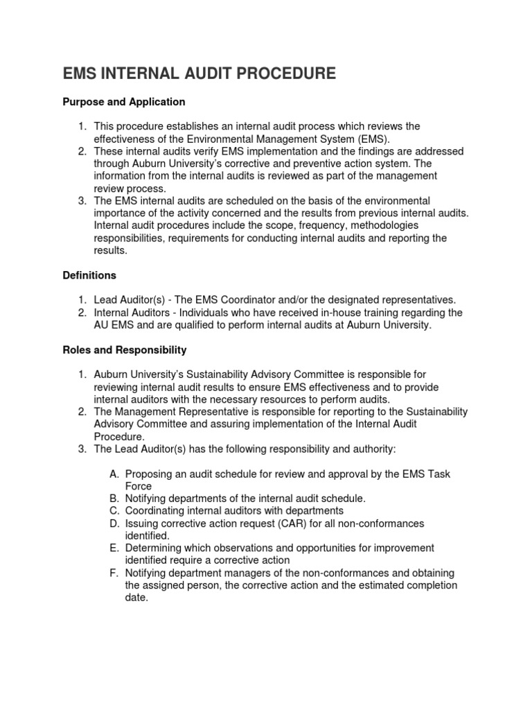 EMS Internal Audit Procedure Template | PDF | Audit | Internal Audit