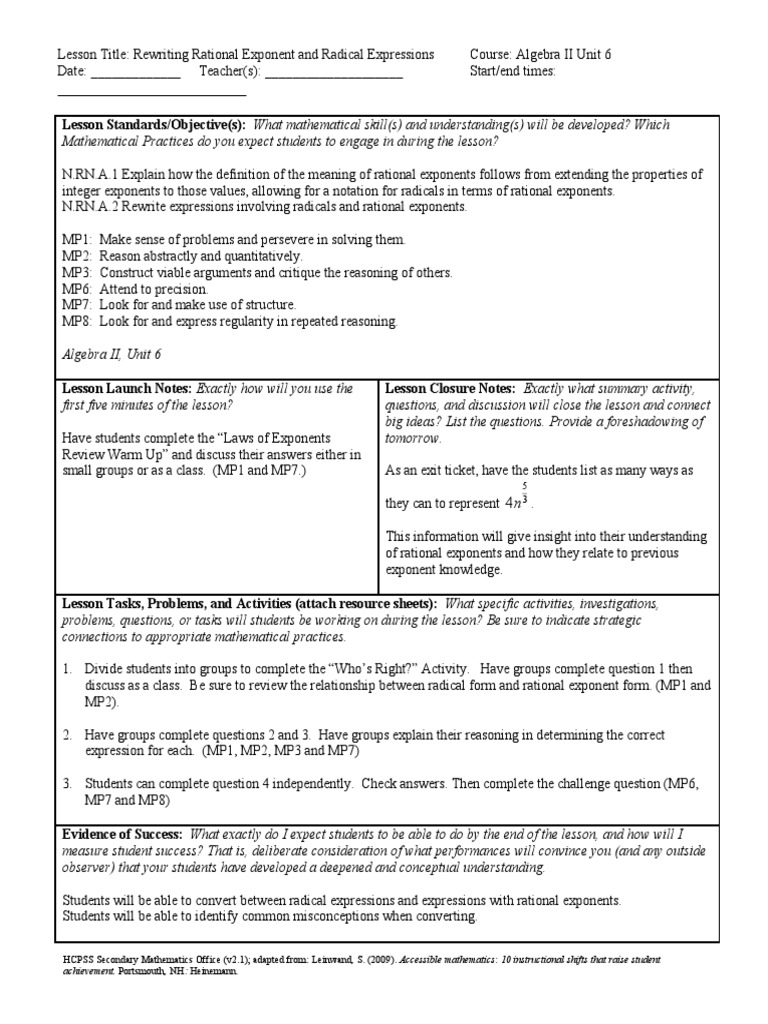 N RN A 1 & 2 Lesson Rewriting Rational Exponents | PDF | Exponentiation ...