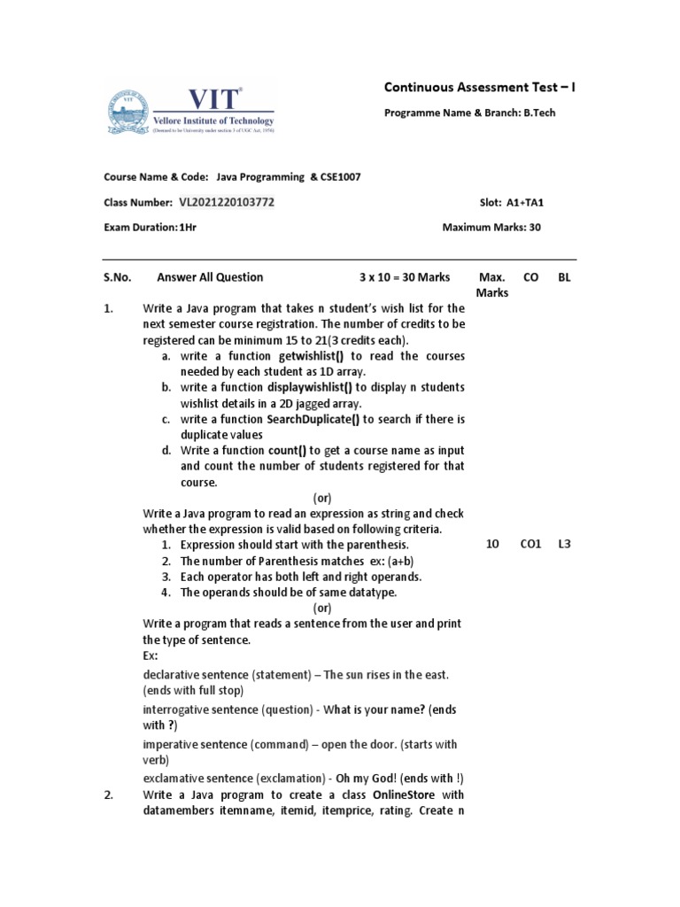 Continuous Assessment Test - I: Programme Name & Branch: B.Tech | PDF ...