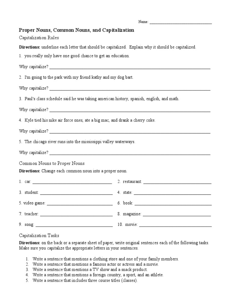 Proper Nouns and Capitalization Worksheet | PDF