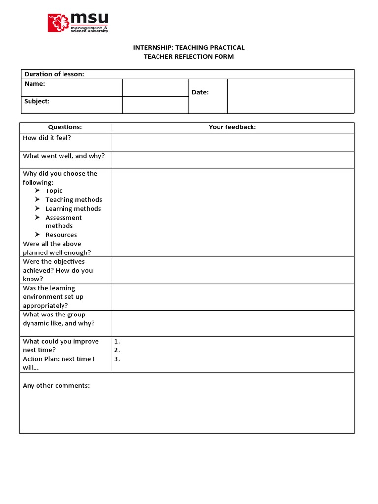 Teacher Internship Reflection Form | PDF | Career & Growth