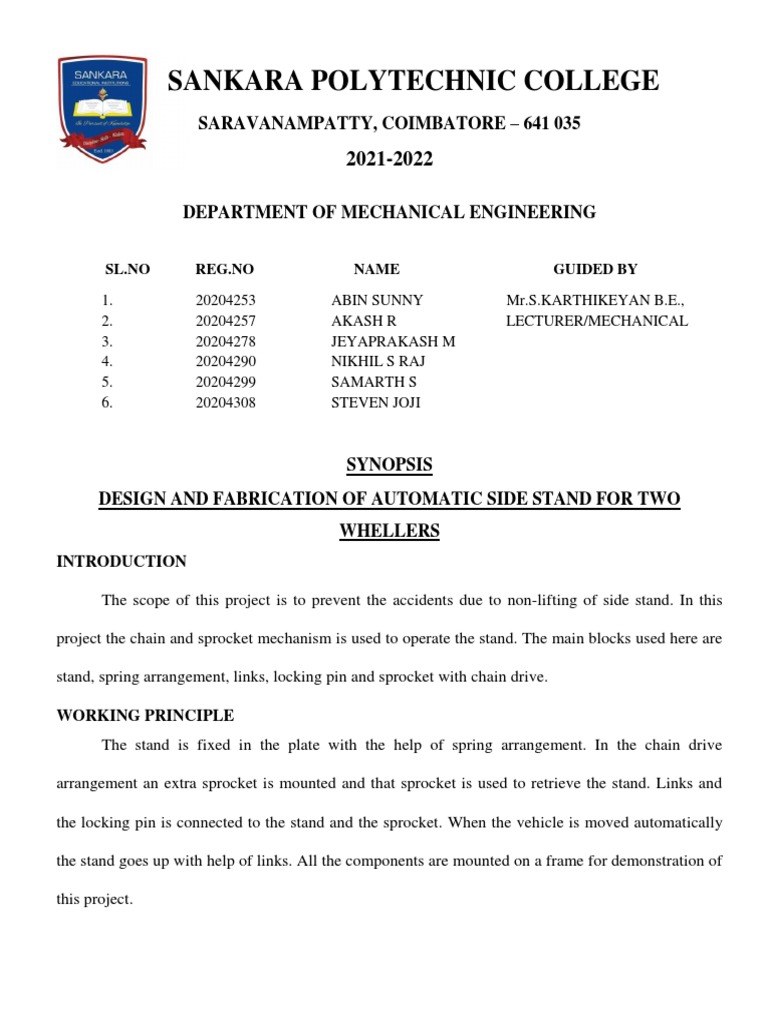 Design and Fabrication of Automatic Side Stand For Two Wheelers | PDF