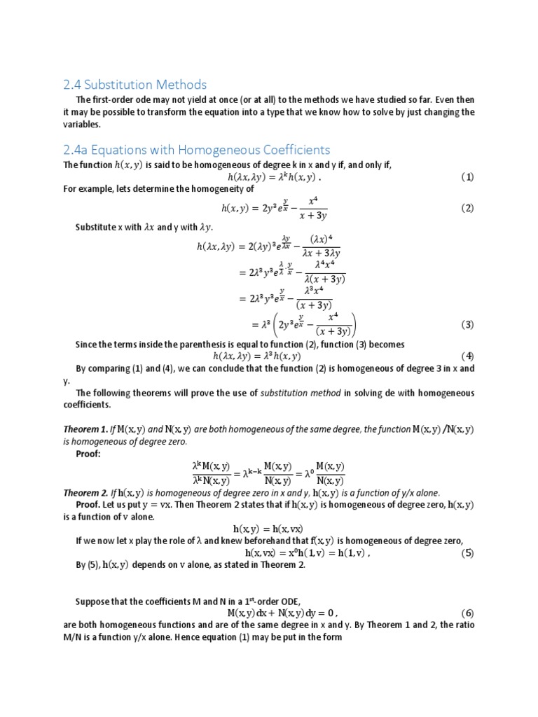 Homogeneous ODE Substitution Methods | PDF | Equations | Ordinary ...