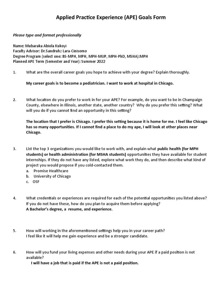 Applied Practice Experience (APE) Goals Form: Please Type and Format ...