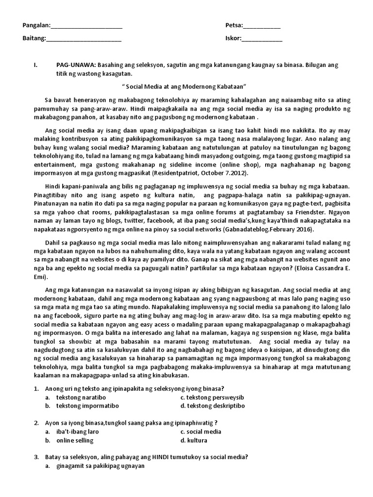 EXAM-FILIPINO | PDF