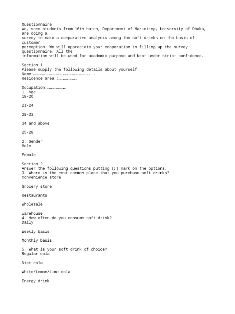 Questionnaire | PDF | Coca Cola | Soft Drink