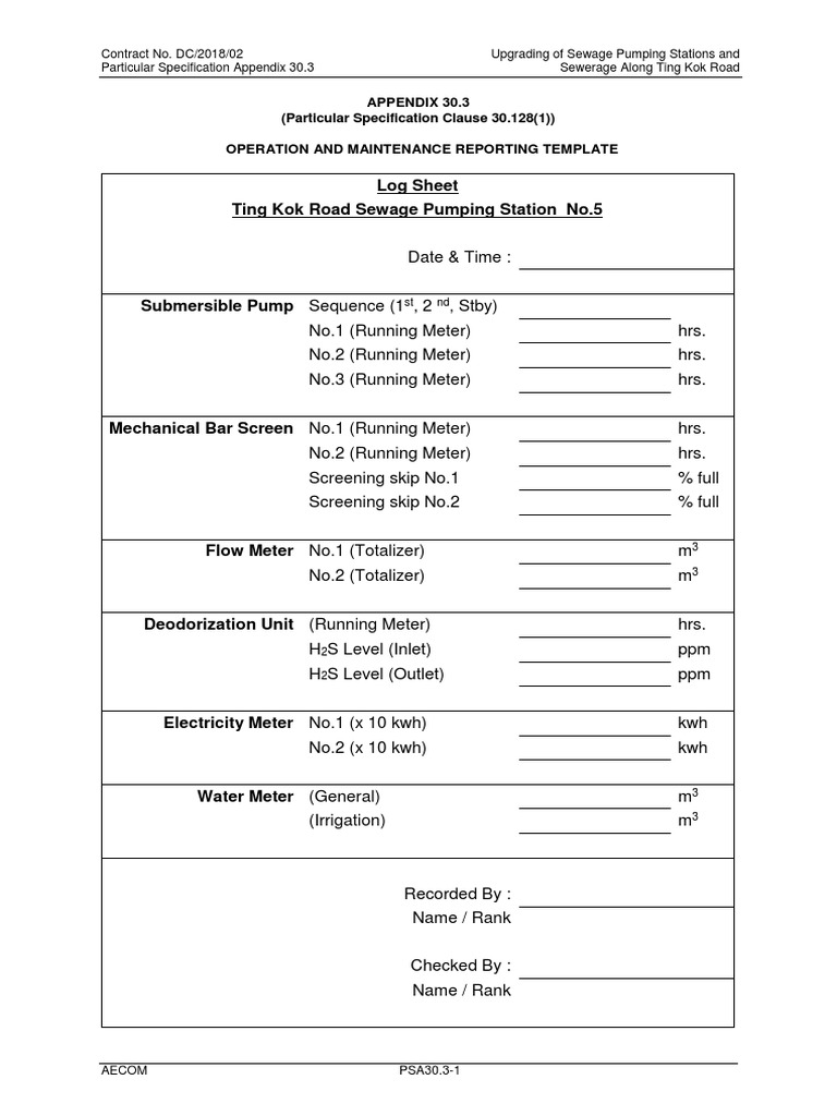 Log Sheet Ting Kok Road Sewage Pumping Station No.5 | PDF | Pumping ...