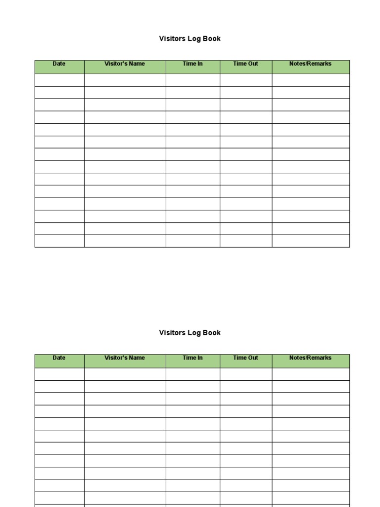 Visitors Log Book: Date Visitor's Name Time in Time Out Notes/Remarks | PDF