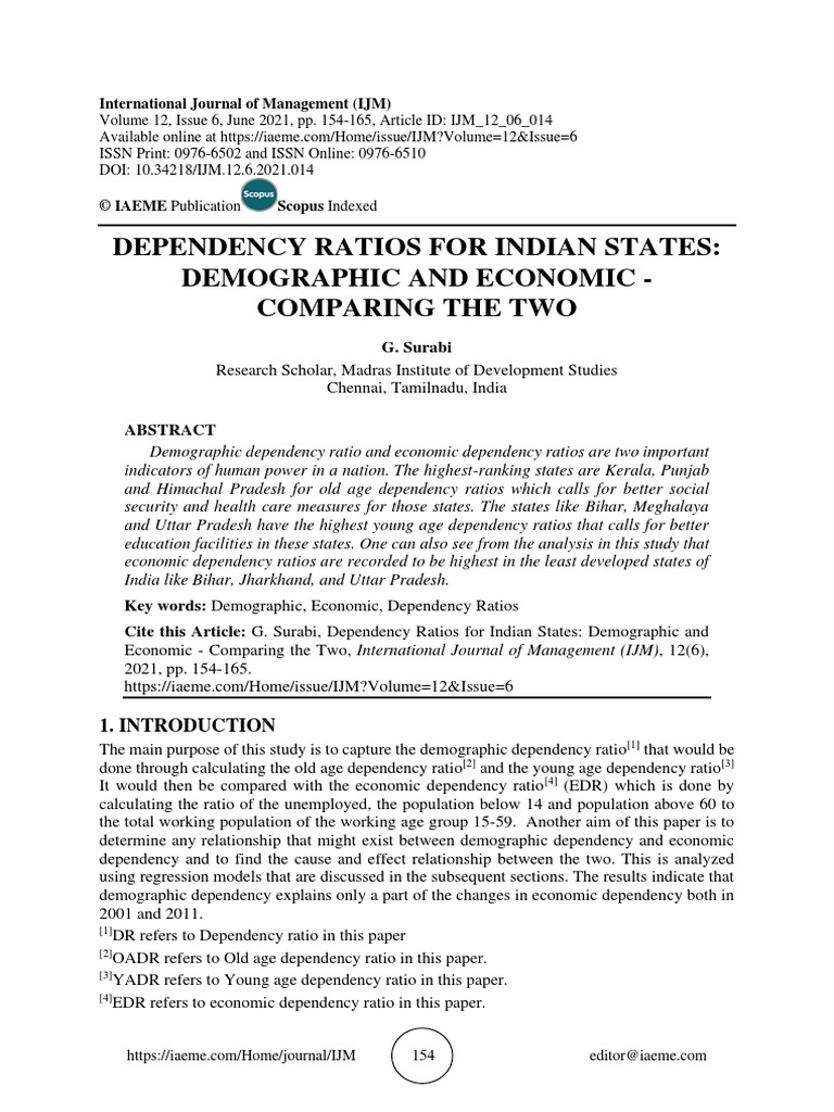 Dependency Ratios For Indian States: Demographic and Economic ...