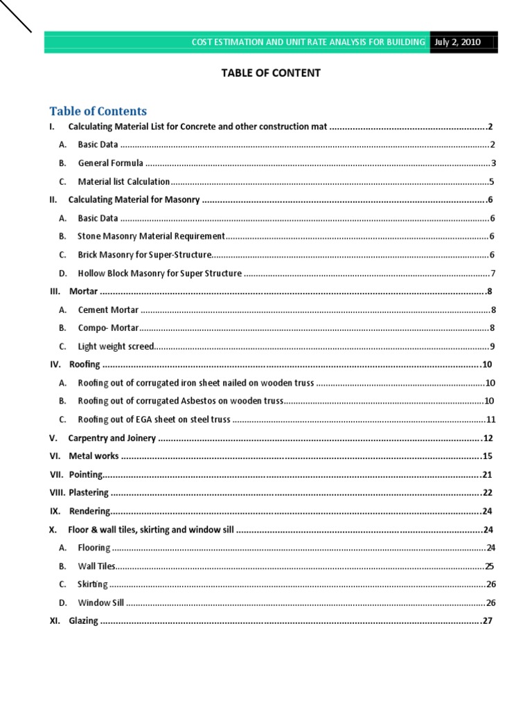 Cost Estimate and Unit Rate Analysis For Building Project | PDF ...