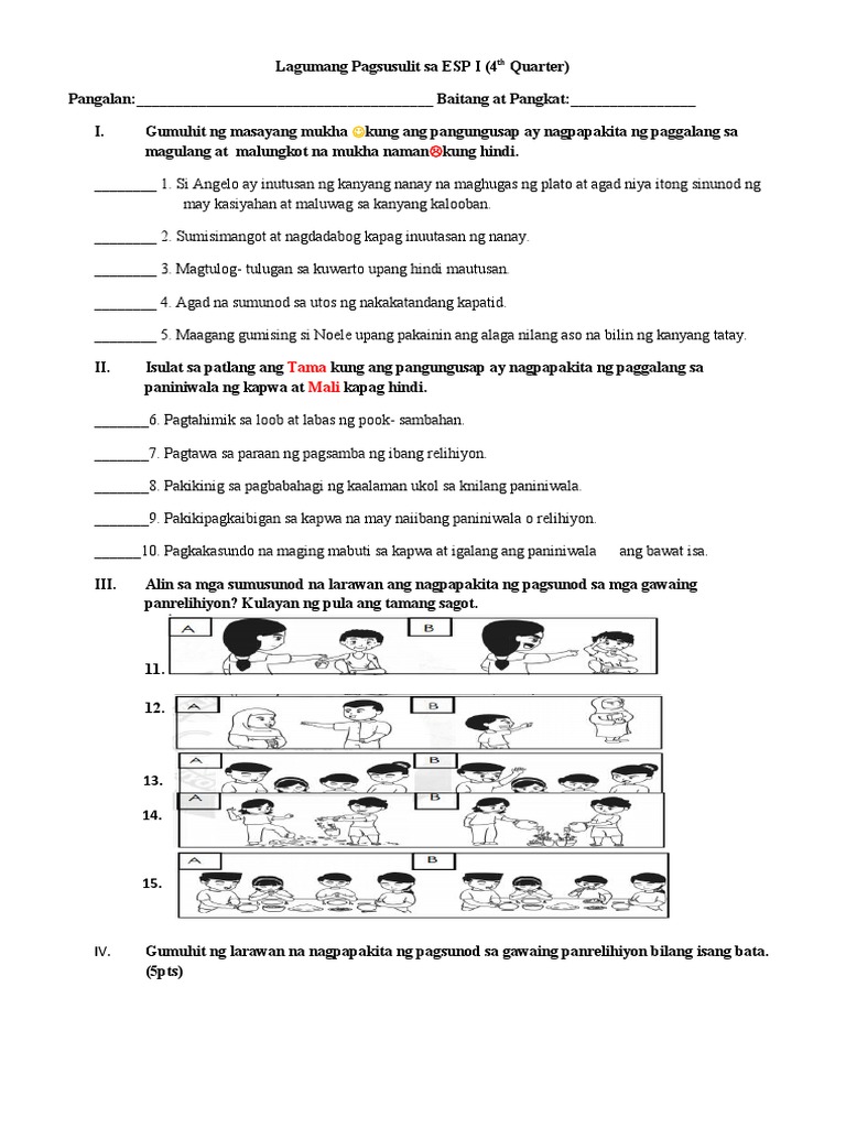Lagumang Pagsusulit Sa ESP 1 | PDF