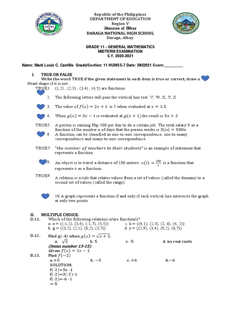 Grade 11 - General Mathematics Midterm Examination S.Y. 2020-2021 Name: Mark Louie C. Castillo ...