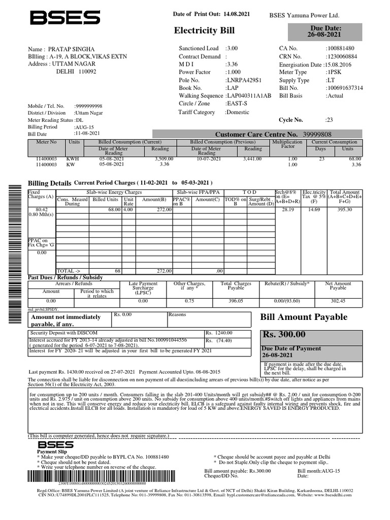 Bill Electric of BSES Delhi Goverment | PDF | Cheque | Electricity