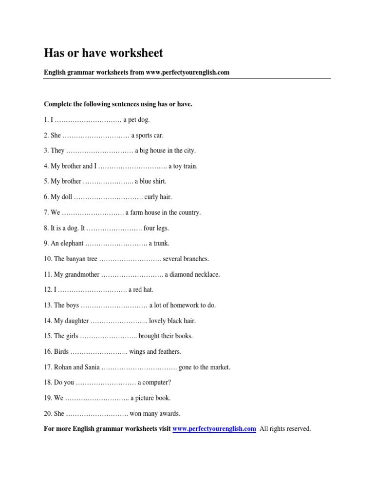 Has or Have Worksheet | PDF