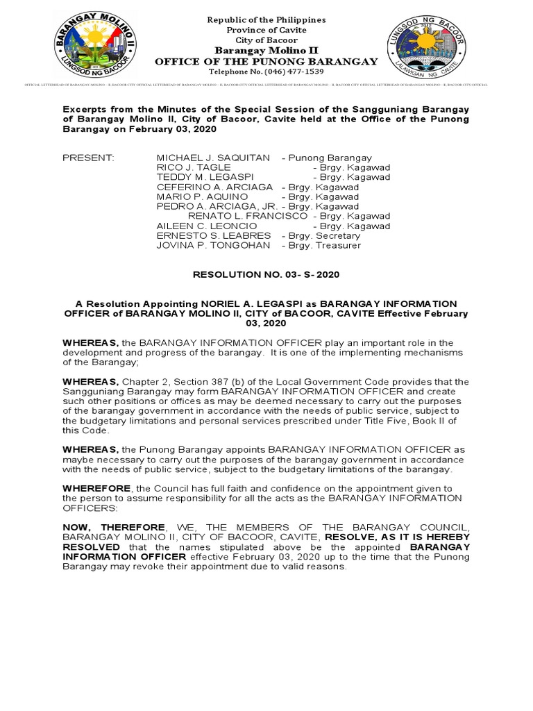 RESOLUTION NO. 03-S-2020 APPOINTING BARANGAY INFORMATION OFFICER and ...