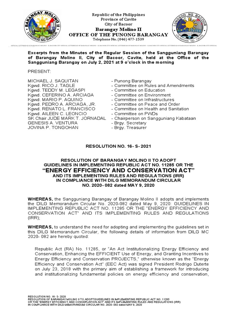 Resolution 16 Republic Act No. 11285 Energy Efficiency and Conservation ...