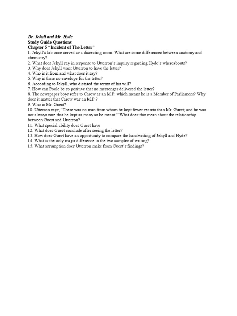 Study Guide Questions Chapter 5 "Incident of The Letter": Dr. Jekyll ...