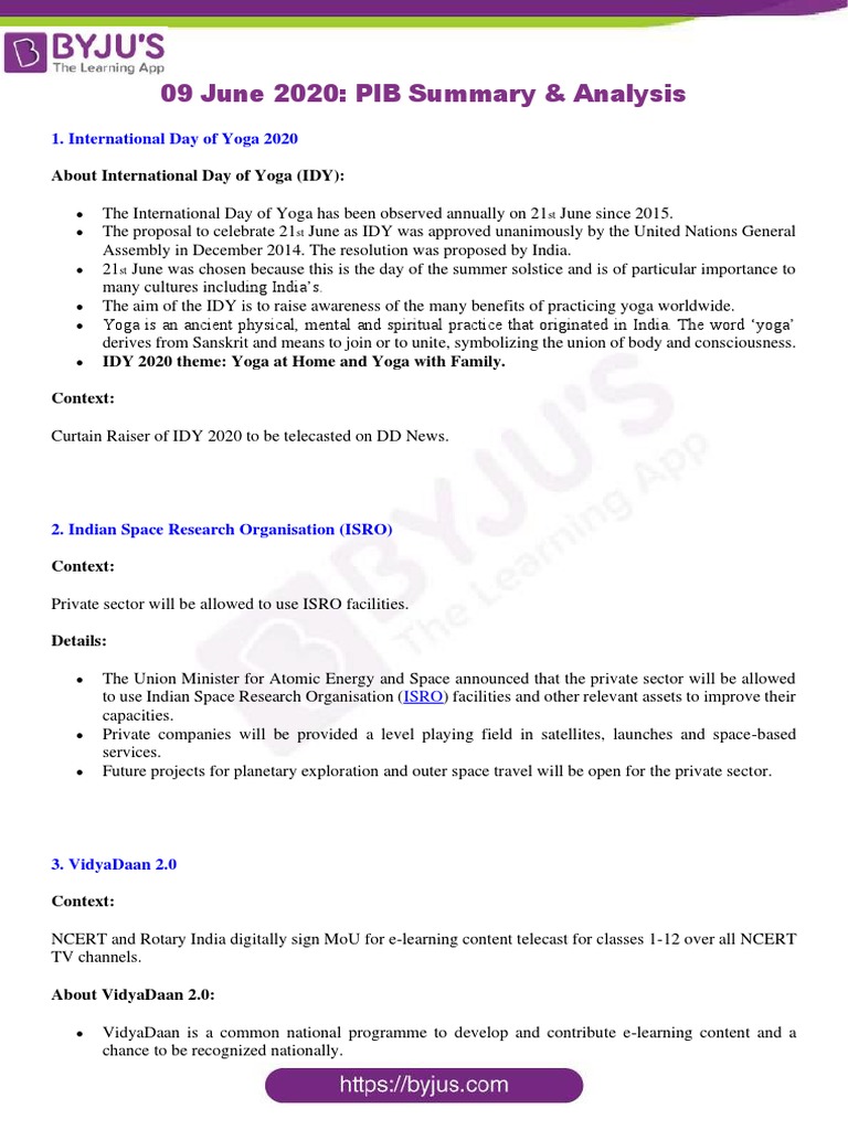 09 June 2020: PIB Summary & Analysis: About International Day of Yoga (IDY) | PDF