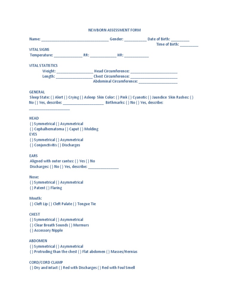 Newborn Assessment Form Template | PDF
