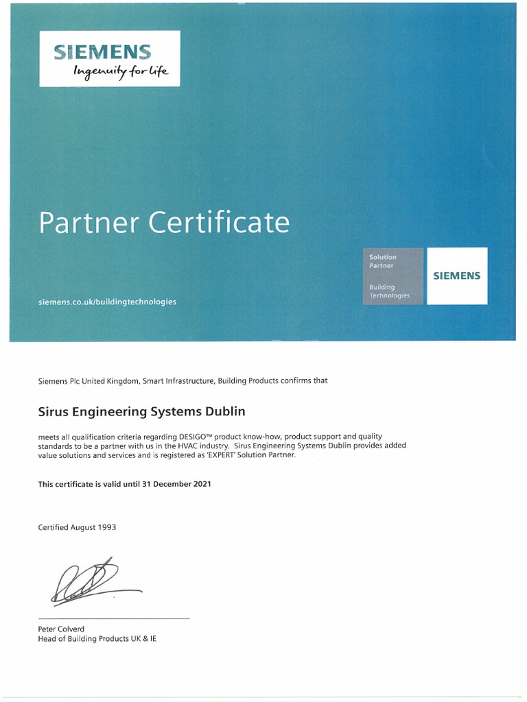 Sirus Siemens Expert Solutions Partner Certificate 2021 | PDF