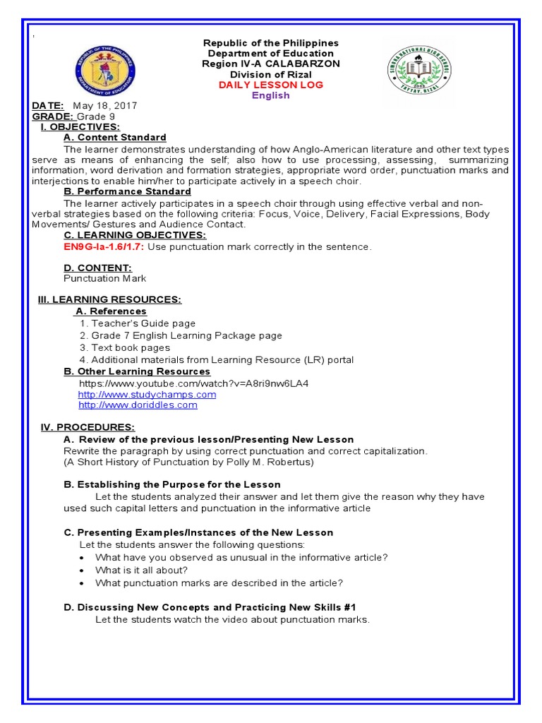 Grade 9 Punctuation Lesson Plan | PDF | Comma | Punctuation