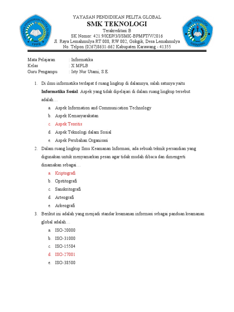 PTS Ganjil 2021 - X MPLB - Informatika | PDF