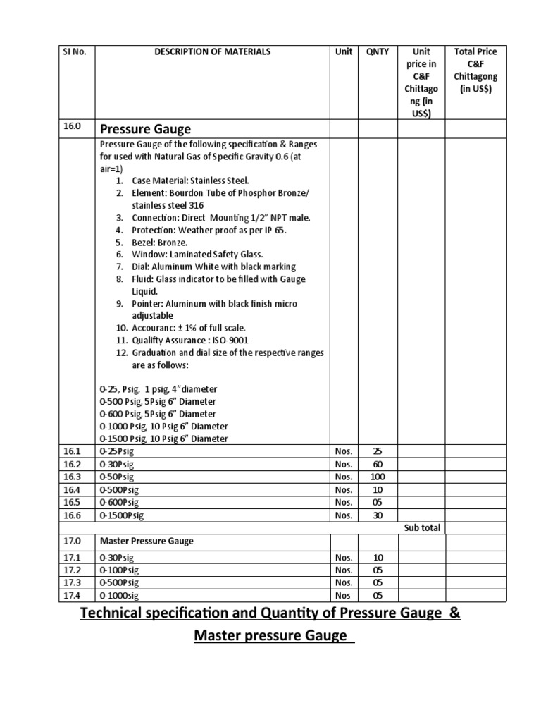 Technical Spec of Pressure Gauge | PDF | Pressure Measurement | Pressure