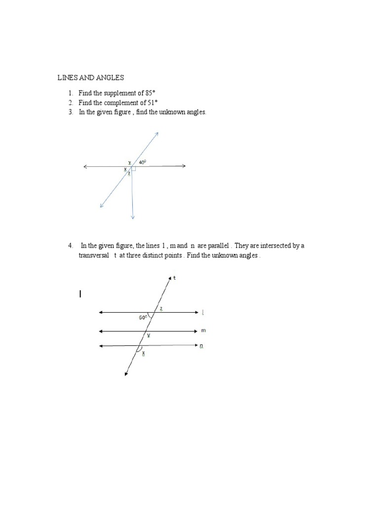 Class 7 Mathematics Lines and Angles Worksheet | PDF