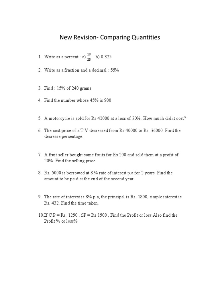 Class 7 Mathematics Comparing Quantities Worksheet | PDF