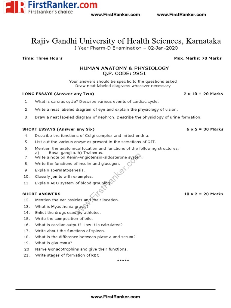 Human Anatomy Question Paper RGUHS JAN 2020 | PDF | Physiology | Biology