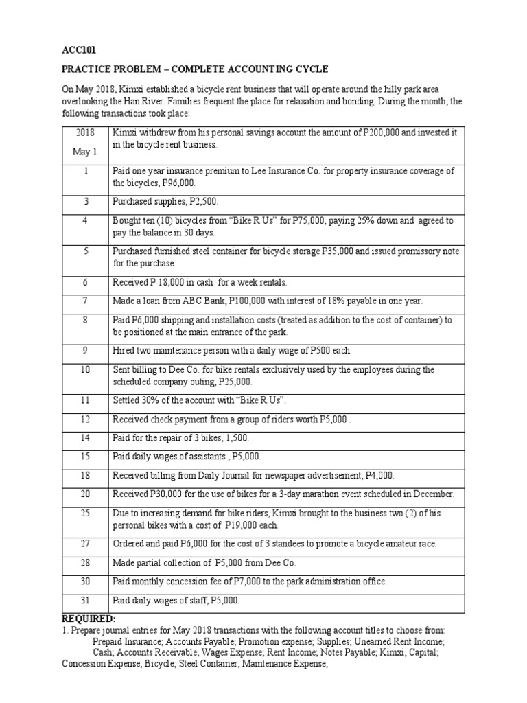 ACC101 Practice Problem - Complete Accounting Cycle | PDF | Expense ...