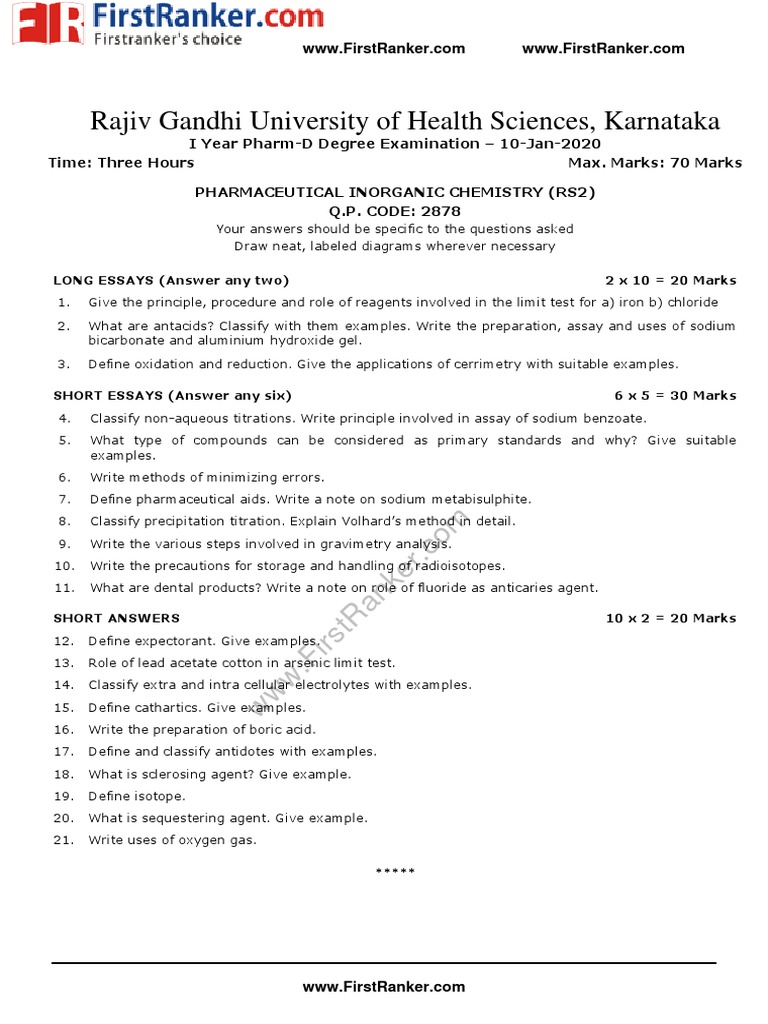 PIC Question Paper RGUHS JAN 2020 | PDF | Sodium | Chemistry