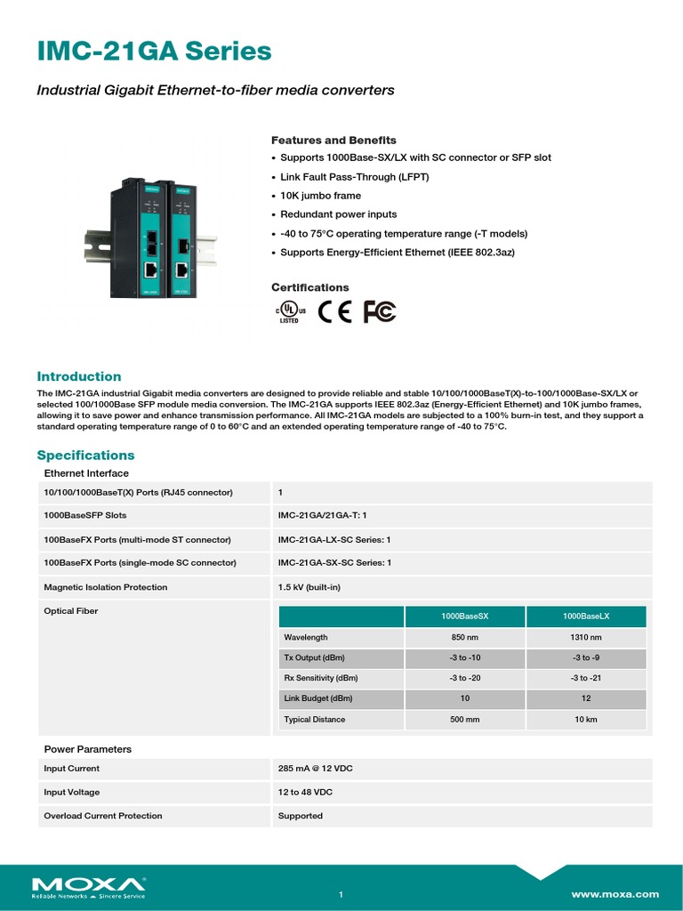 Moxa Imc 21ga Series Datasheet v1.0 | PDF | Computer Networking | Computing