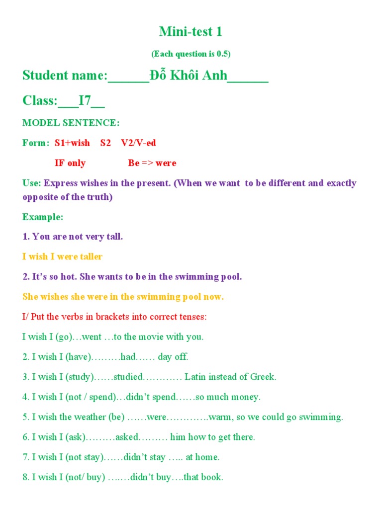 Present Wishes Mini-Test for Students | PDF