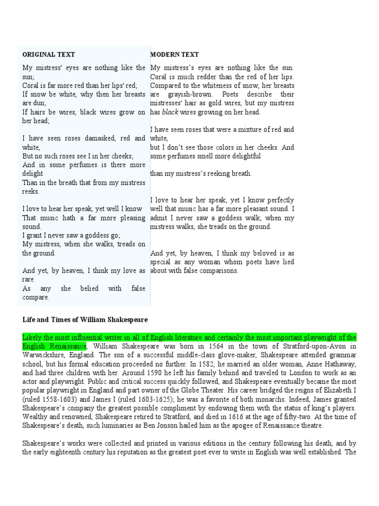 Original Text Modern Text: Life and Times of William Shakespeare | PDF ...