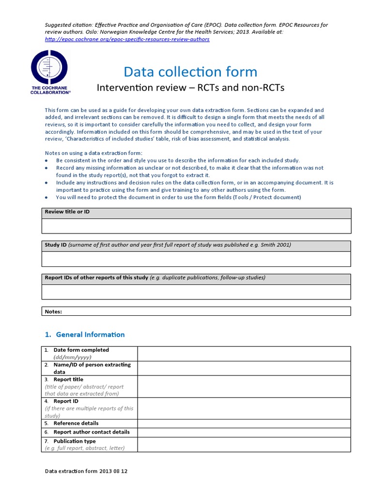 Data Collection Form Intervention Review Rcts And Non Rcts Pdf Randomized Controlled