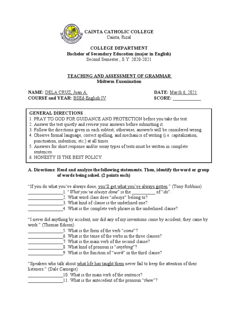 Midterm Exam: Grammar Assessment | PDF | Pronoun | Clause