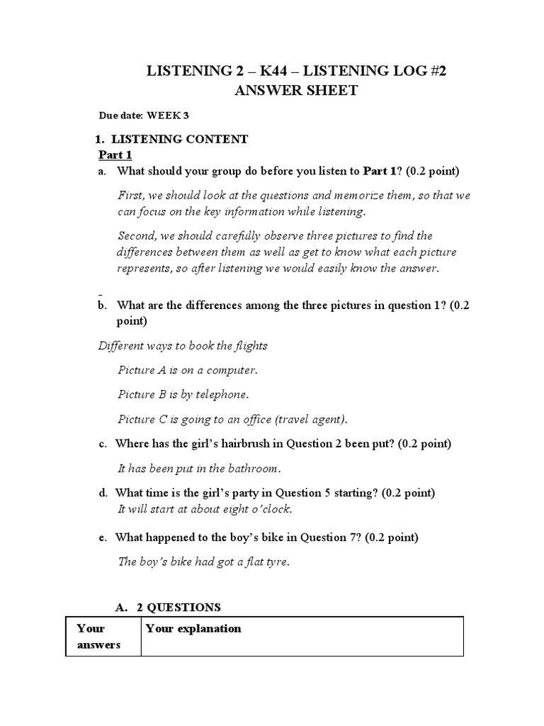 Listening 2 - K44 - Listening Log #2 Answer Sheet | PDF