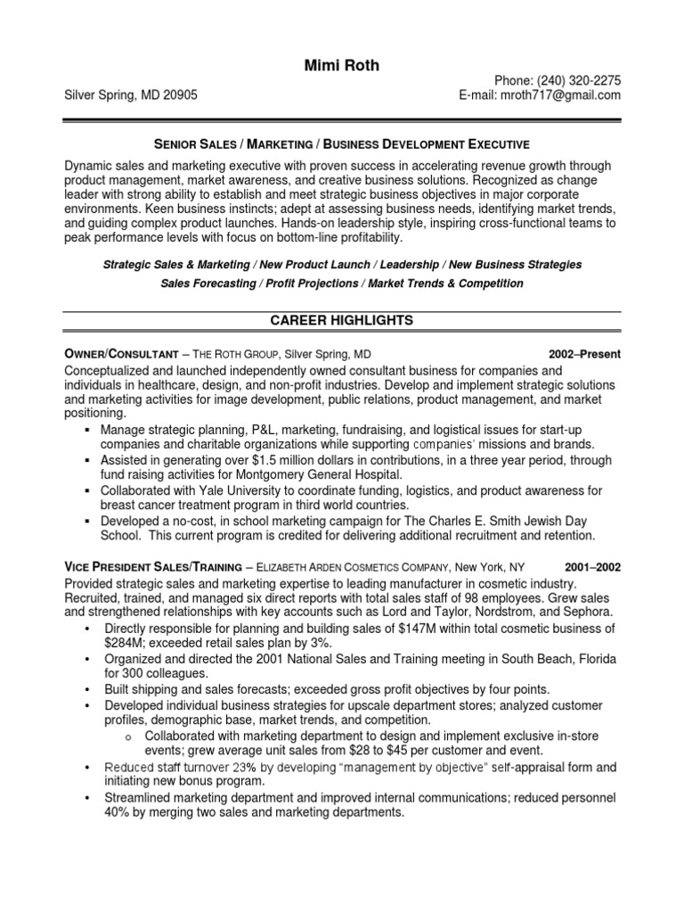 Vice President Sales Marketing in Washington DC Resume Mimi Roth | PDF | Retail | Marketing
