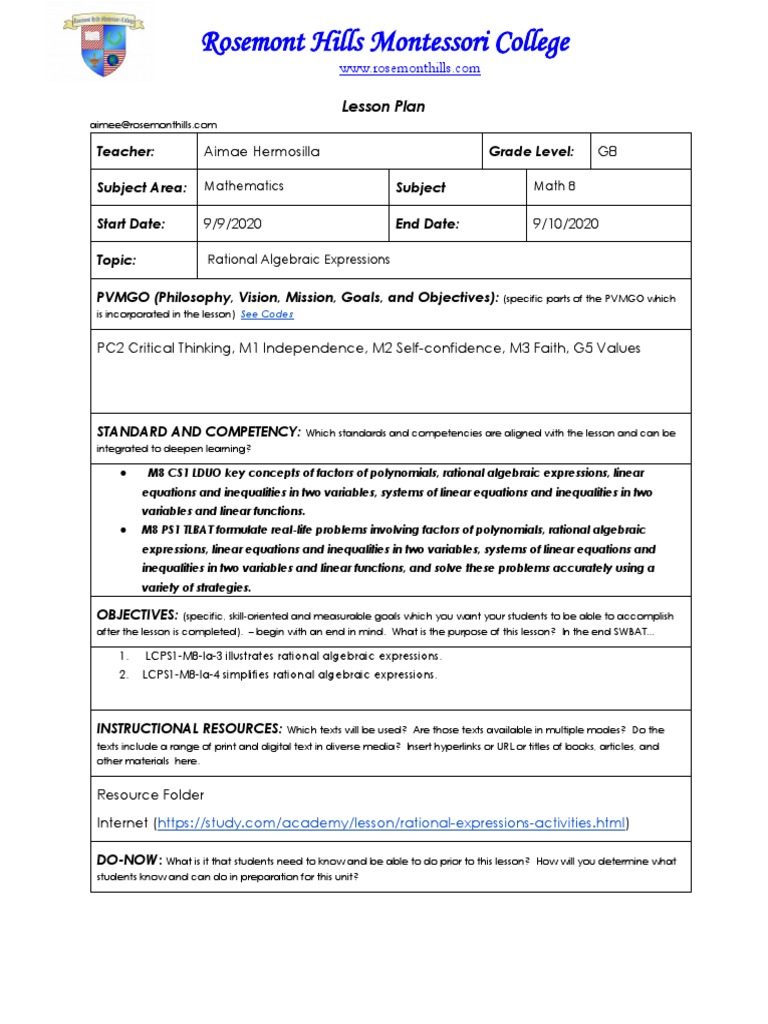 G8 Math 8 Rational Algebraic Expressions | PDF | Equations | Teachers