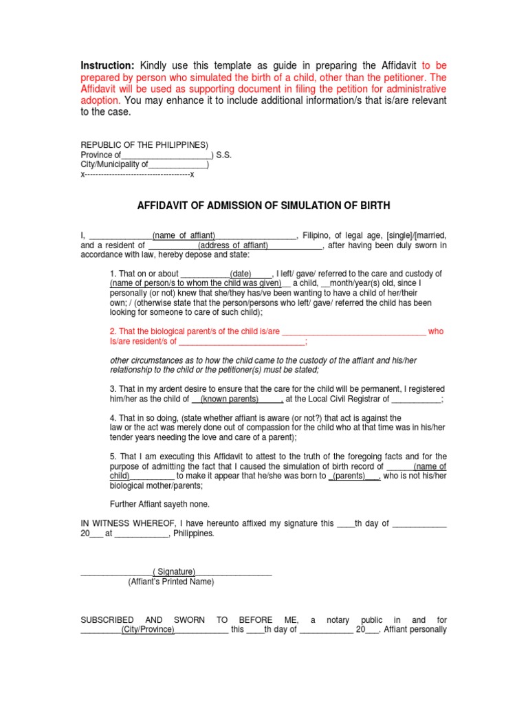 Affidavit of Admission (If Simulation Is Done by 3rd Person) | PDF ...