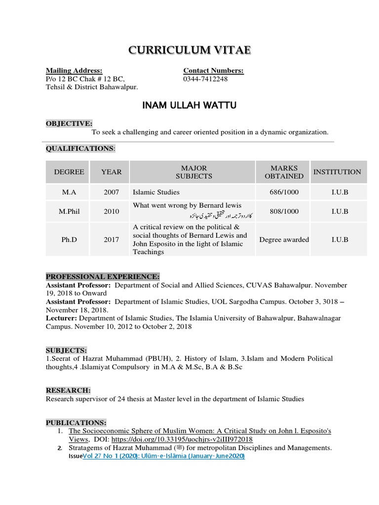 Curriculum Vitae: Inam Ullah Wattu | PDF | Academia
