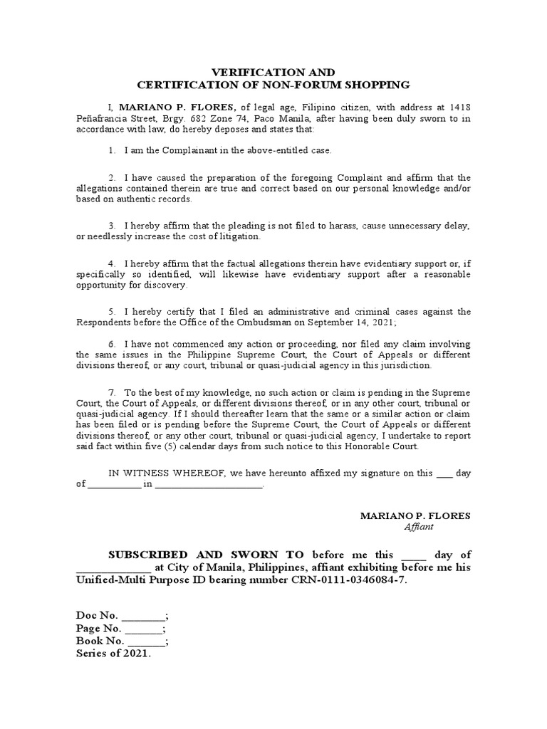 Verification and Certification of Non-Forum Shopping | PDF