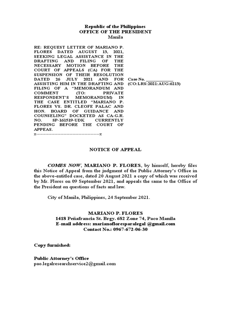 Notice of Appeal by Mariano P. Flores | PDF