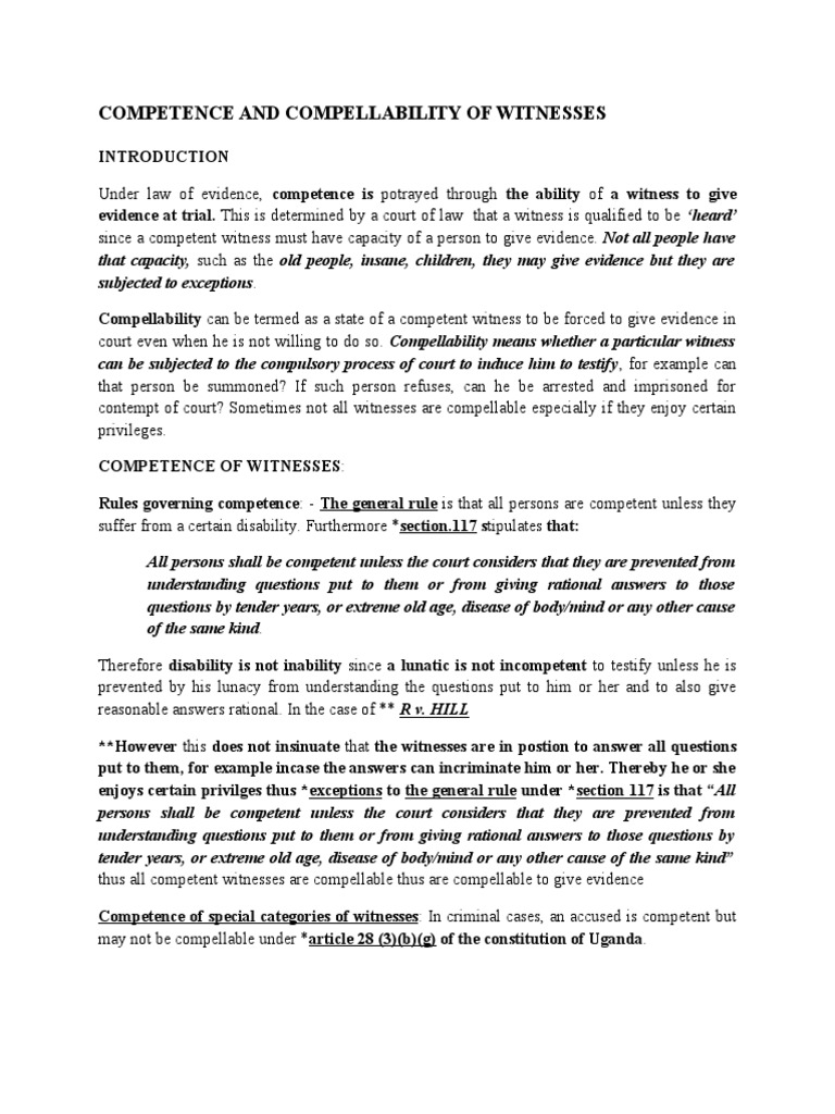 Competence and Compellability of Witnesses | PDF | Witness | Evidence (Law)