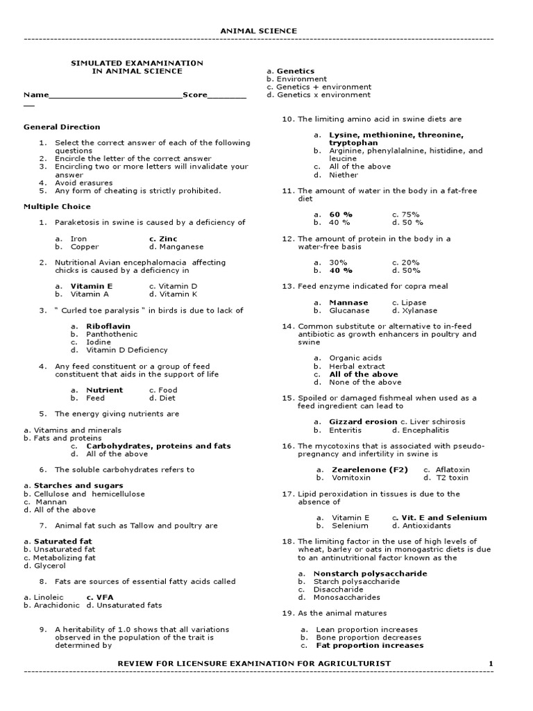 Simulated Exam in Animal Science | PDF | Fat | Carbohydrates