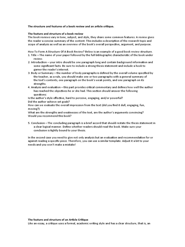 The Structure and Features of A Book Review and An Article Critique ...