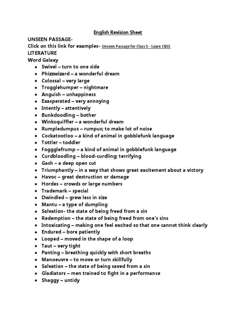 A Comprehensive English Revision Sheet Covering a Wide Range of Topics ...